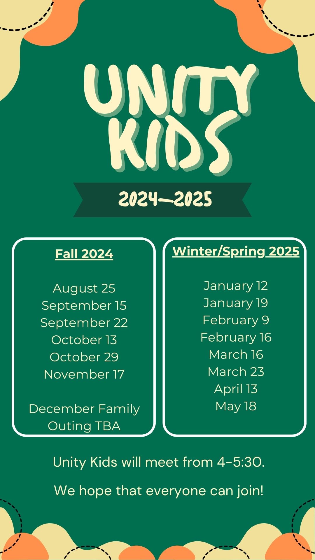 Unity Kids 2024 -2025 Schedule - Unity Moravian Church